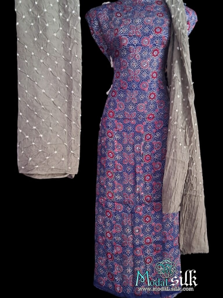 Blue Silver Modal Silk Bandhani Dress Material Ajrak - Modal Silk ...
